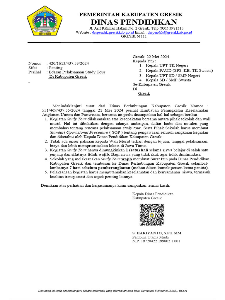 Surat Edaran Pelaksanaan Study Tour | PDF