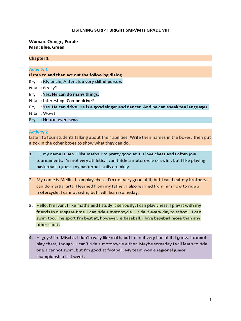 Listening Script Bright Viii KM Final | PDF | Grammatical Number | Verb