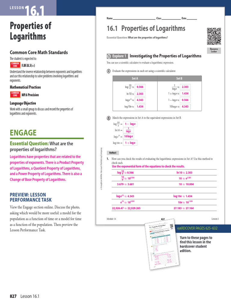 Lesson 16.1 Properties of Logarithms | PDF | Logarithm | Exponentiation