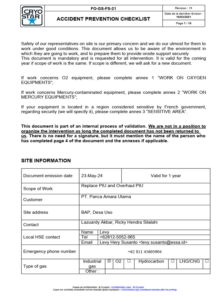 FO-GS-FS-21-Accident Prevention Checklist | PDF | Personal Protective ...