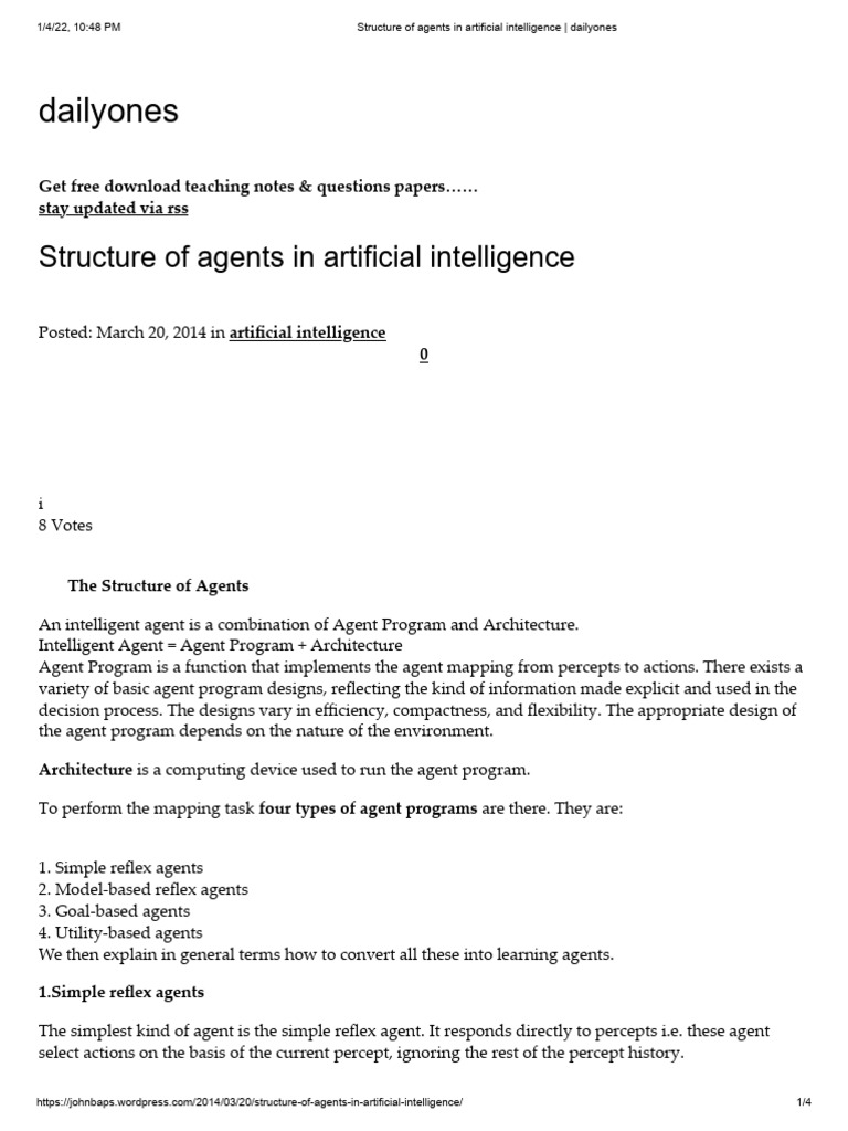 Structure of Agents in Artificial Intelligence - Dailyones | PDF ...