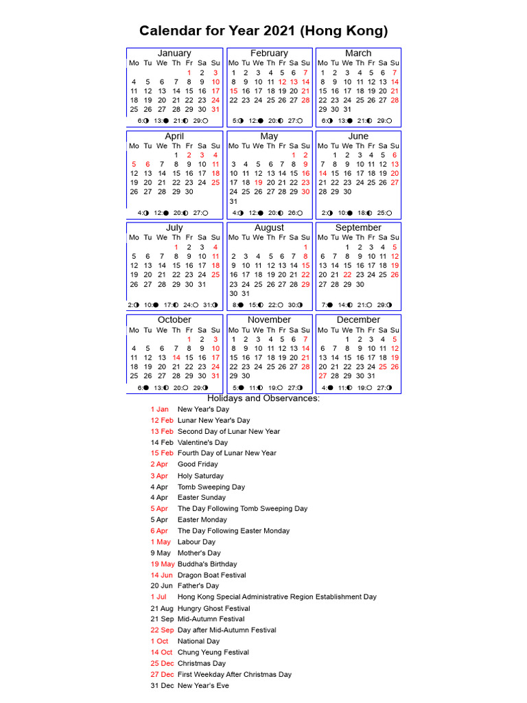 Year 2021 Calendar – Hong Kong | PDF | Easter | Observances