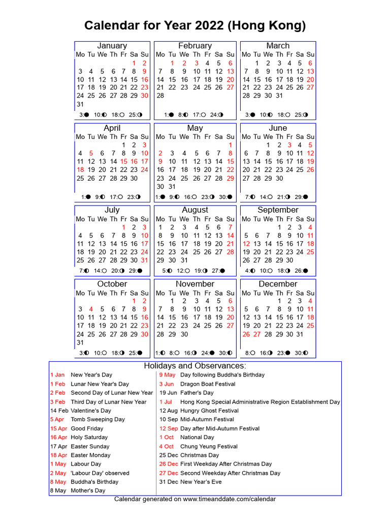 Hong Kong 2022 Holiday Calendar | PDF | Workweek And Weekend ...