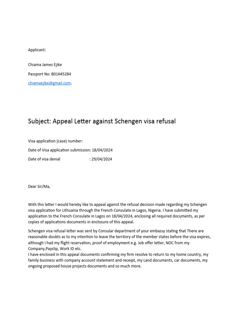 MR Ejike Visa Refusal Appeal Letter | Download Free PDF | Travel Visa ...