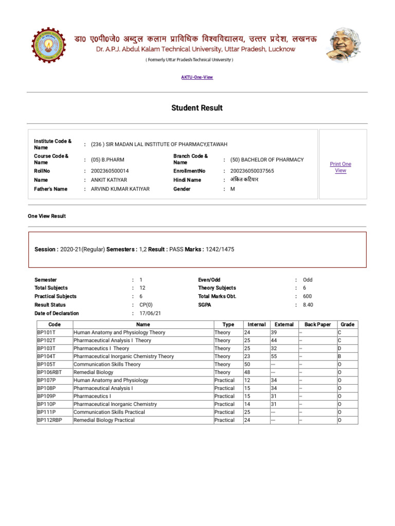 Student Result: Session: 2020-21 (Regular) Semesters: 1,2 Result: PASS ...
