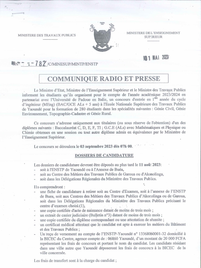 Concours Enstp 2023 2024 Cycle Ingenieurs Meng 1 | PDF