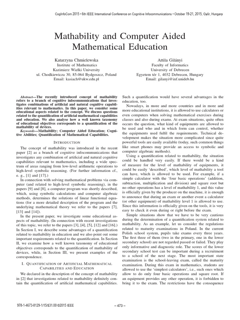 Chmielewska - Gilanyi - 2015 - Mathability and Computer Aided Mathematical Education | PDF ...