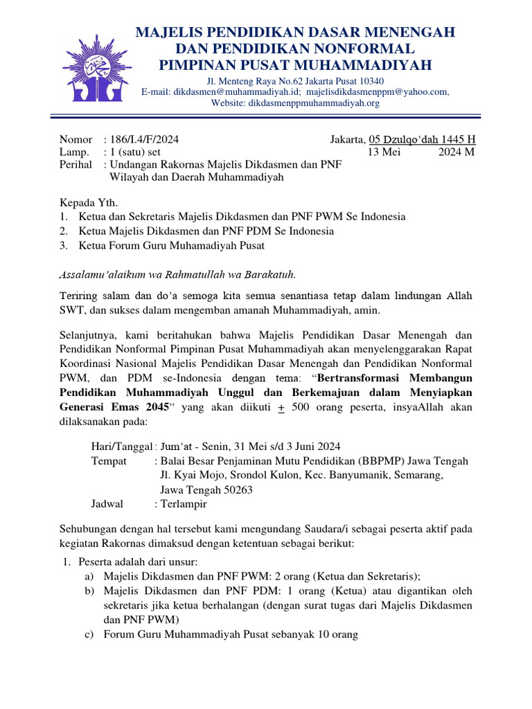 Undangan Rakornas Dikdasmen PWM PDM Se Indonesia | PDF | Karier & Perkembangan