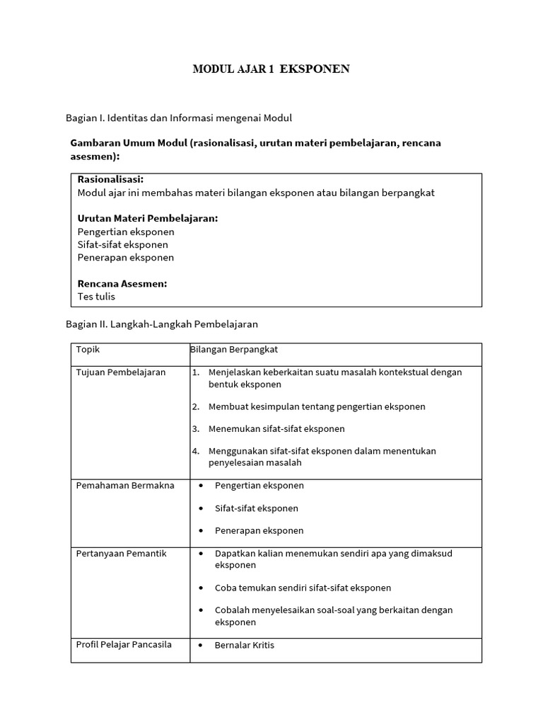 Modul Ajar 1 Eksponen | PDF | Metode & Bahan Ajar