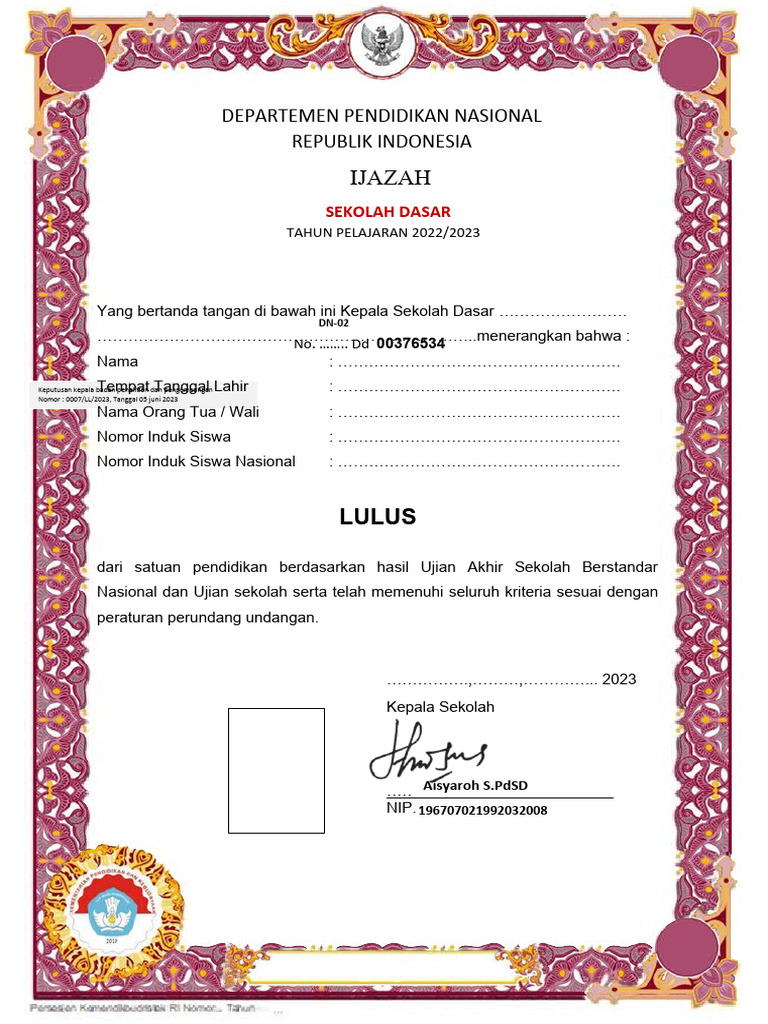 Format Ijazah SD Docx1 | PDF