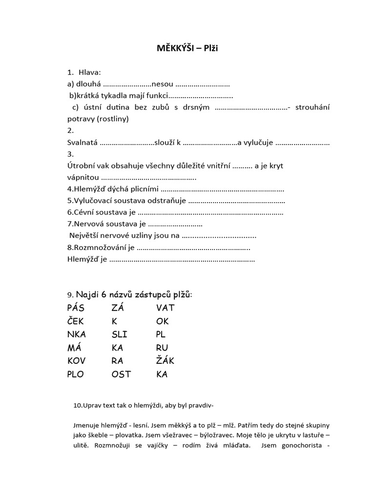 Měkkýši Plži Pracovní List | PDF