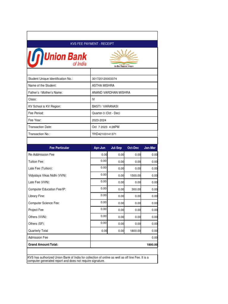 KVS Fee Payment Receipt for 2023-24 | PDF | Payments | Services (Economics)