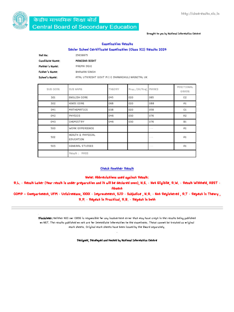 CBSE - Senior School Certificate Examination (Class XII) Results 2024 ...