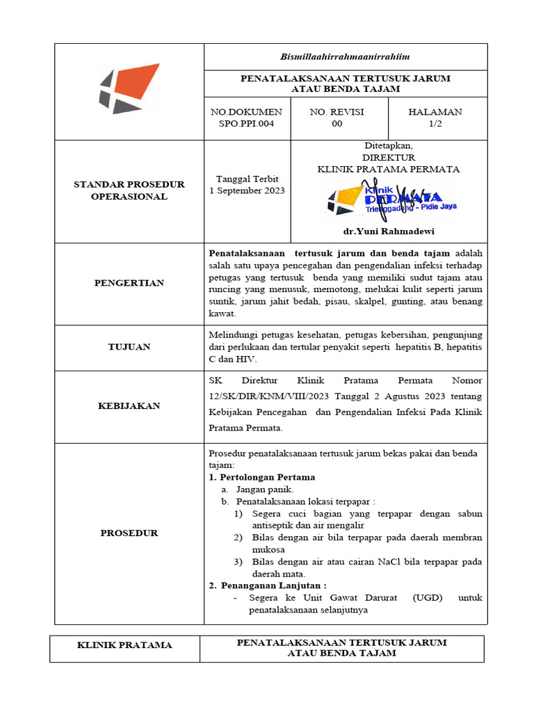 Prosedur Tertusuk Jarum di Klinik | PDF