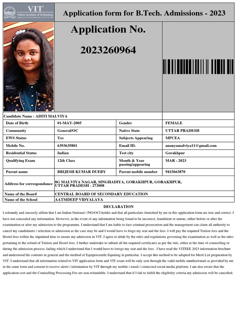 Application No. 2023260964: Application Form For B.Tech. Admissions ...