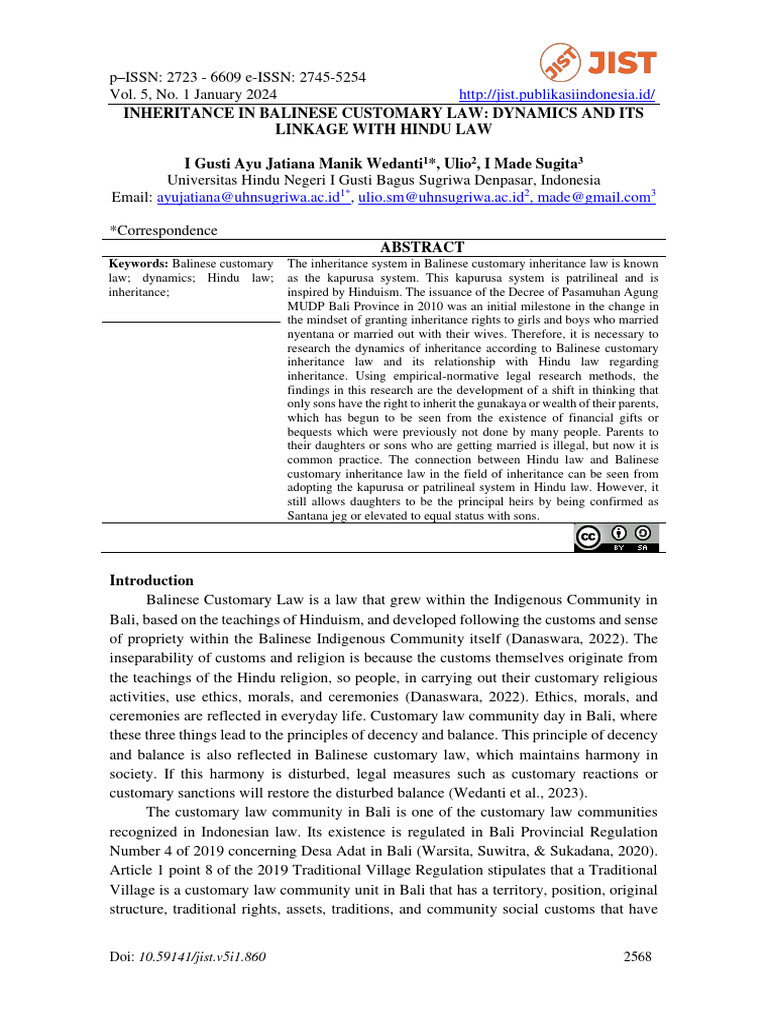 Inheritance in Balinese Customary Law Dynamics and | PDF | Inheritance | Bali