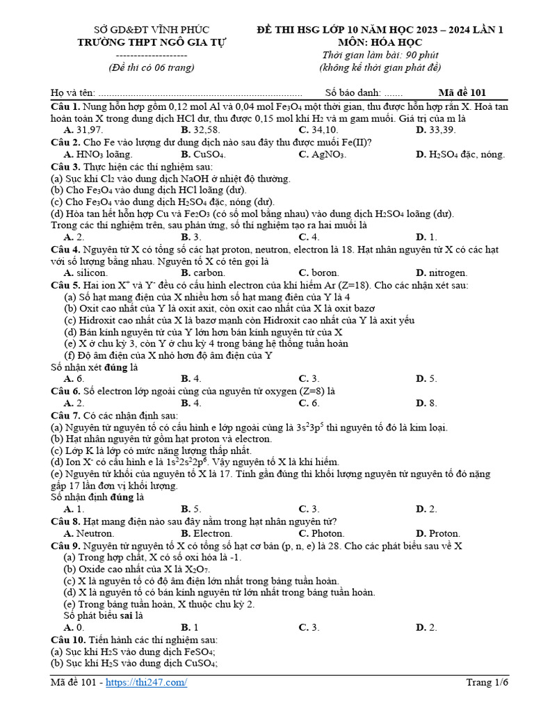 De Thi HSG Hoa Hoc 10 Lan 1 Nam 2023 2024 Truong THPT Ngo Gia Tu Vinh Phuc | PDF