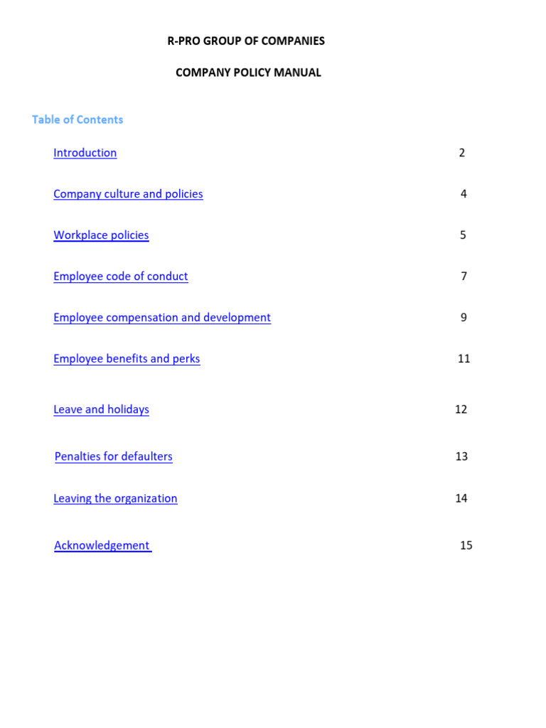 R-PRO Company Policy Manual Overview | PDF | Salary | Performance Appraisal