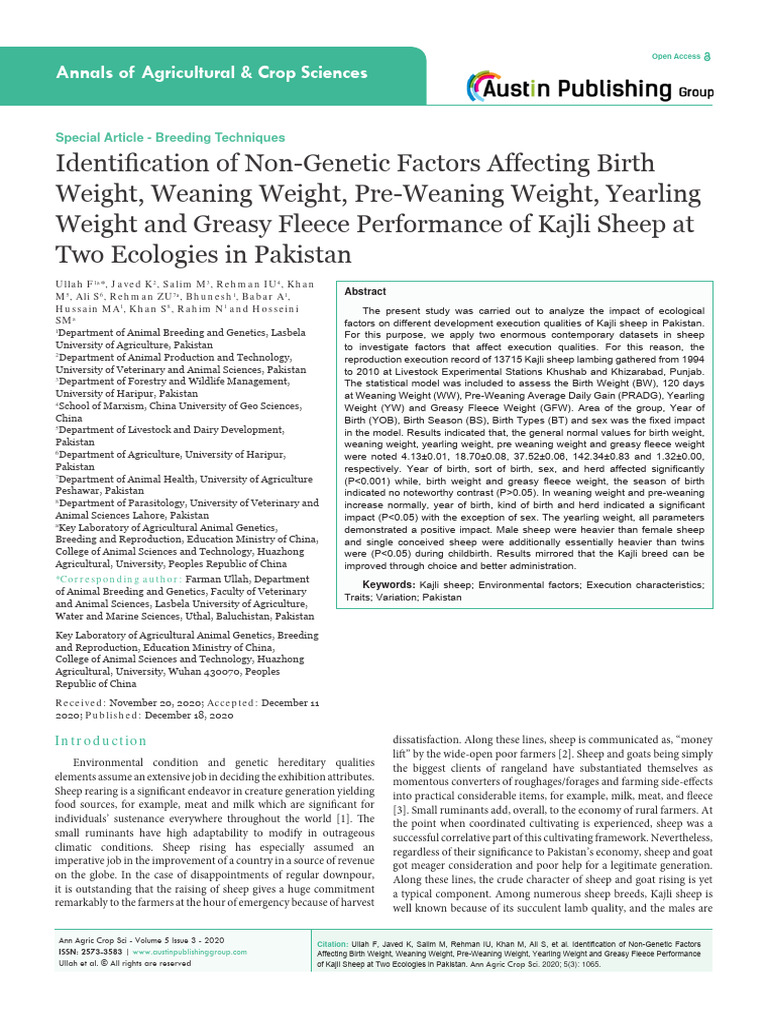 Identification of Non-Genetic Factors Affecting | Download Free PDF | Sheep | Wool