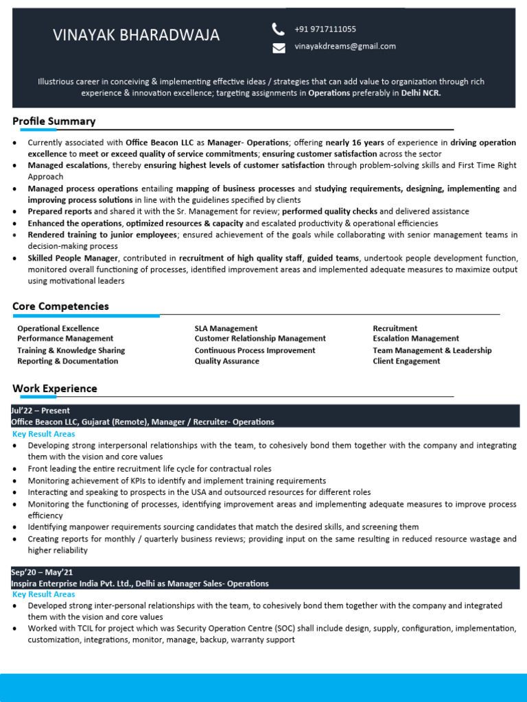 Vinayak Bharadwaja Resume CustCopy2 (2) (1) (1) | PDF | Leadership | Recruitment