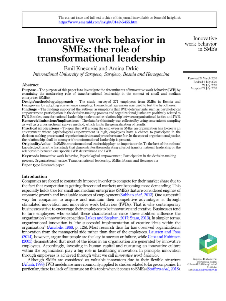 Innovative Work Behavior in Smes: The Role of Transformational ...