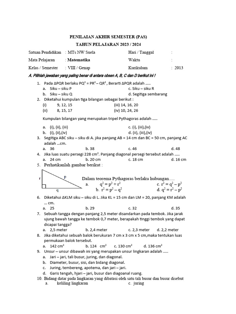 Soal Matika Kls 8 Pat 2024 | PDF | Metode & Bahan Ajar