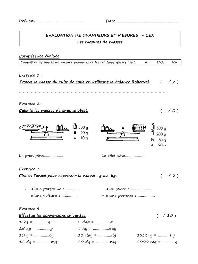 Évaluation des masses CE2 | PDF | Cuisine de l'ouest | Cuisine