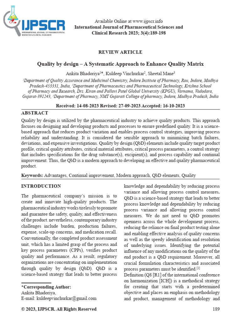 Quality by design – A Systematic Approach to Enhance Quality Matrix ...