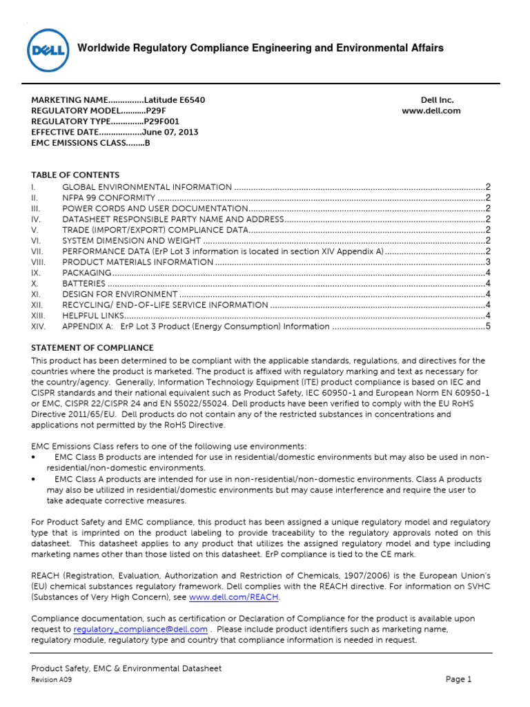 Dell Latitude E6540, p29f, p29f001, Dell Regulatory and Environmental ...