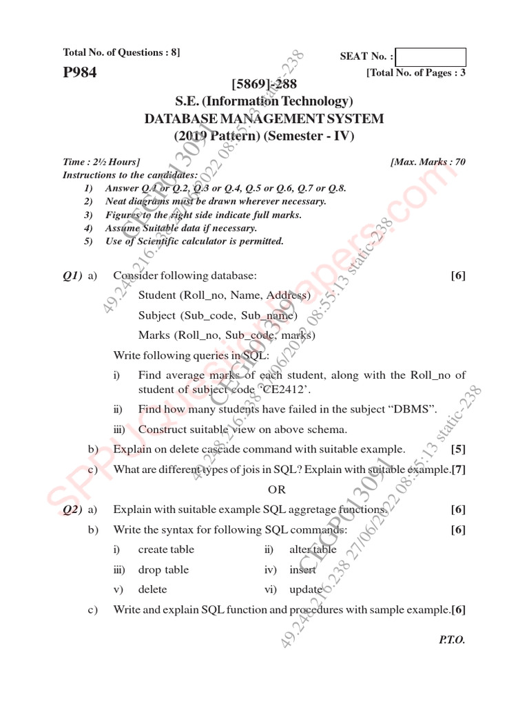 Sppu DBMS Que Paper | PDF | Databases | Information Technology Sppu DBMS Que Paper | PDF | Databases | Information Technology