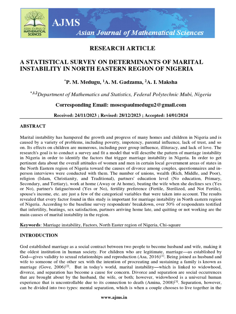 A STATISTICAL SURVEY ON DETERMINANTS OF MARITAL INSTABILITY IN NORTH ... A STATISTICAL SURVEY ON DETERMINANTS OF MARITAL INSTABILITY IN NORTH ...