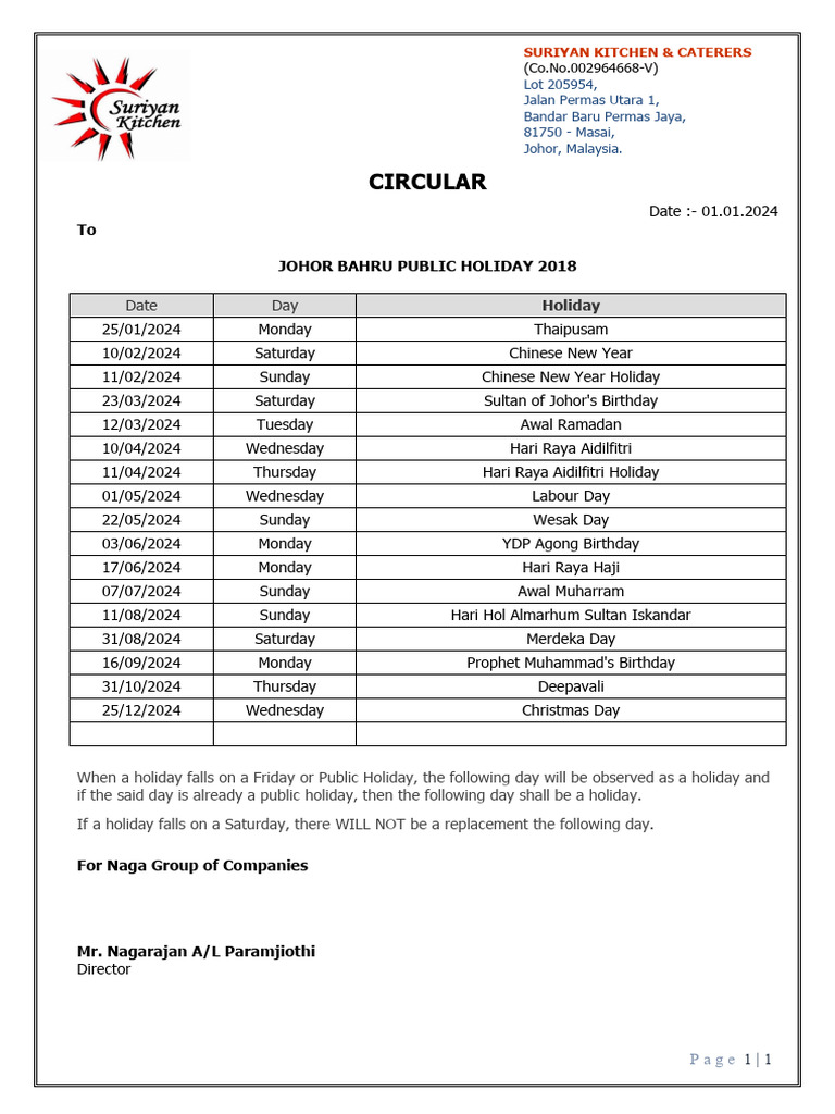 Johor Public Holidays 2024 Schedule | PDF | Public Holiday ...
