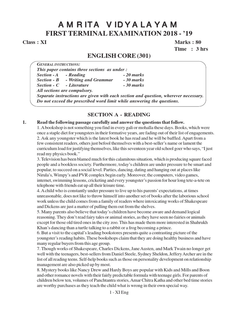 Amrita QP - English Class XI - First term 2018-2019 | PDF | Hobbies