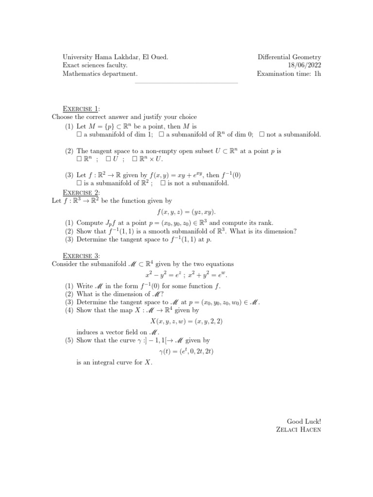 Differential Geometry Exam | PDF | Determinant | Mathematical Objects