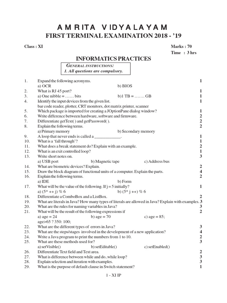 Amrita QP - IP Class XI - First Term 2018-2019 | PDF | Control Flow | Computer Engineering