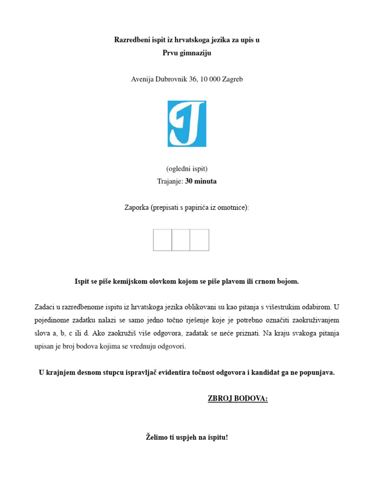 Prijamni 2023 GTB Prva Ogledni Hrvatski-Jezik-1 | PDF