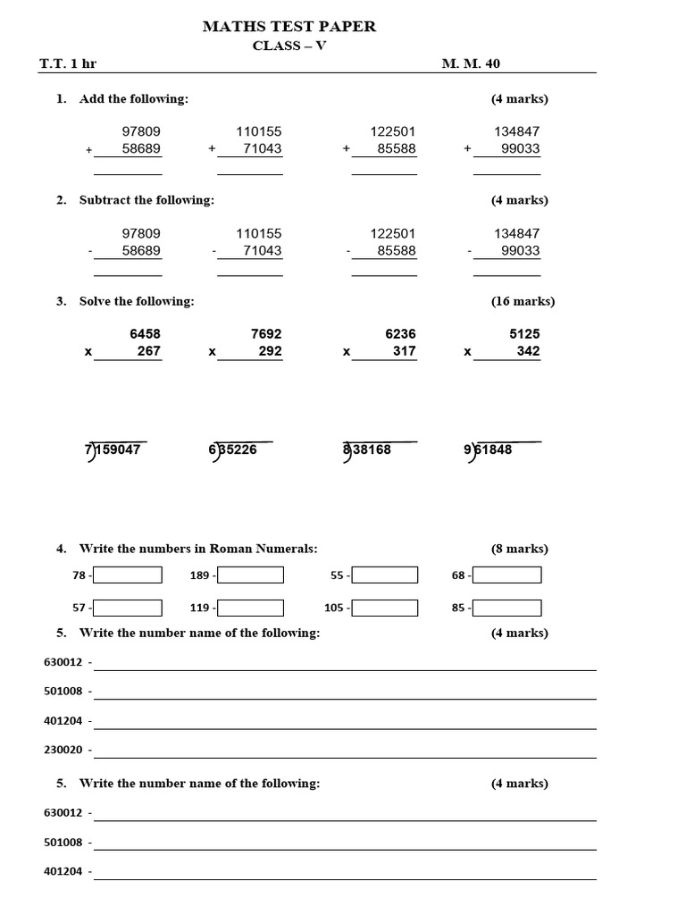 Maths Test Paper 10 Class V | Download Free PDF | Mathematics