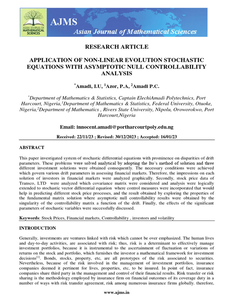 Application of Non-Linear Evolution Stochastic Equations With Asymptotic Null Controllability ...