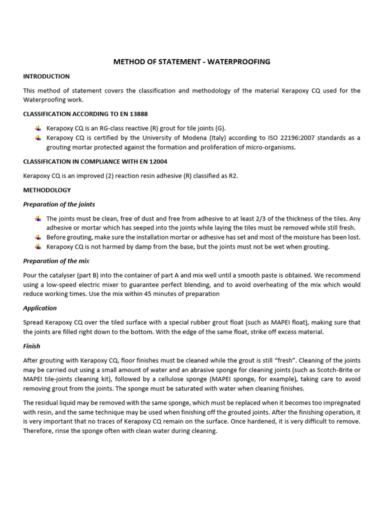 METHOD OF STATEMENT-Waterproofing | Download Free PDF | Epoxy | Adhesive