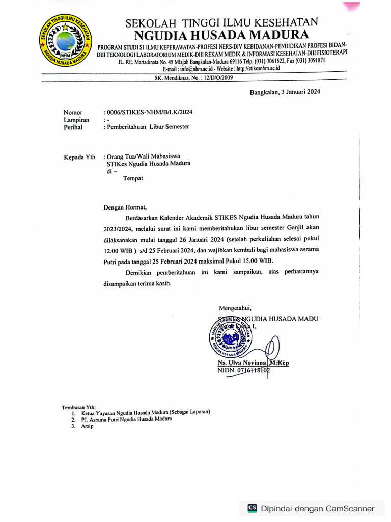 Surat Edaran Libur Mahasiswa Asrama | PDF