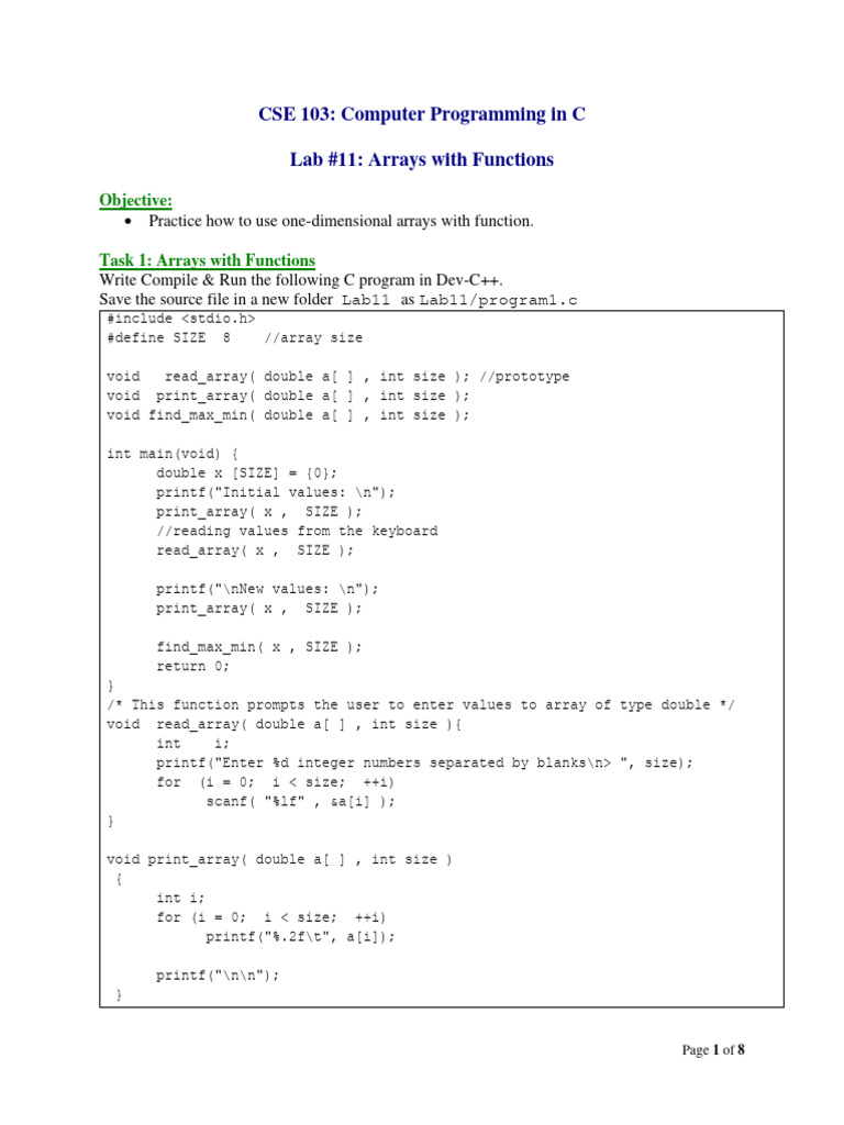 Lab 11 Arrayswithfunctions Pdf Integer Computer Science 1323