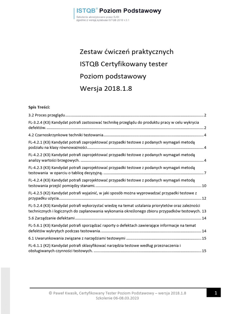 ISTQB FL PL Ćwiczenia | PDF