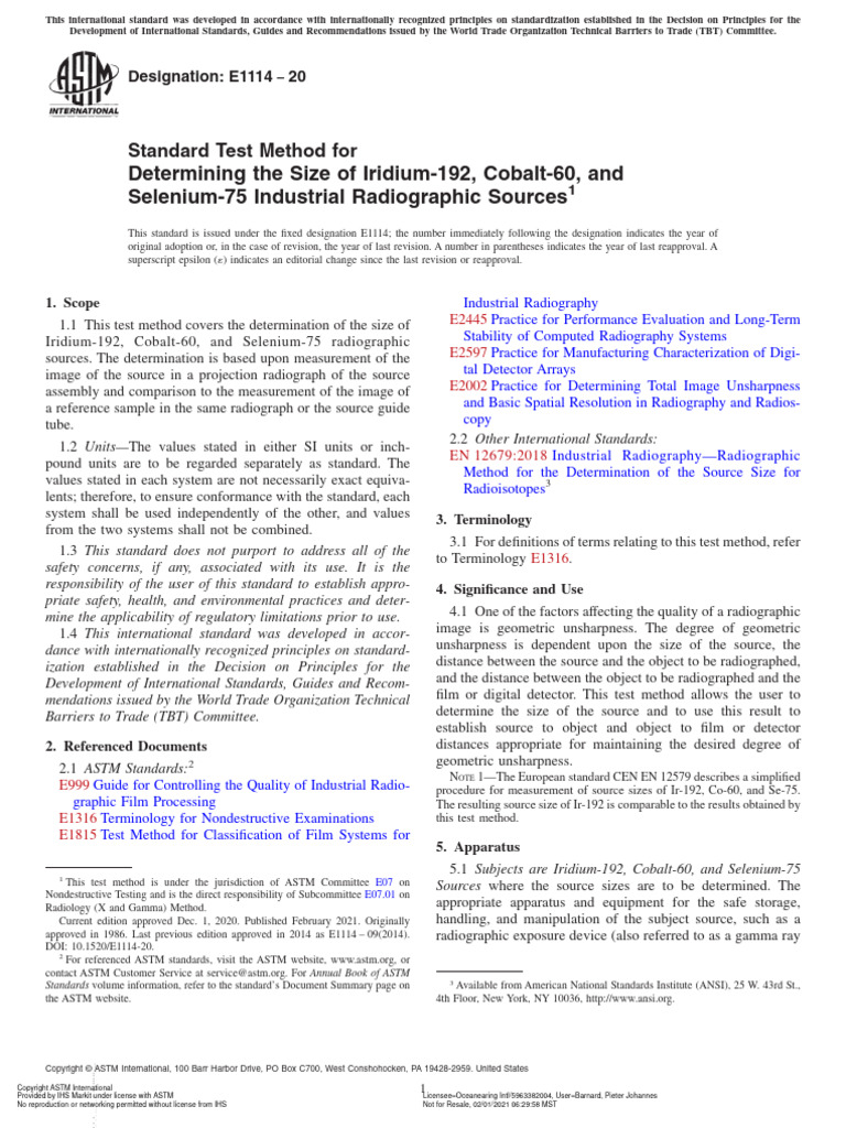 ASTM E 1114 2020 - Determining The Size of Iridium-192, Cobalt-60, and ...
