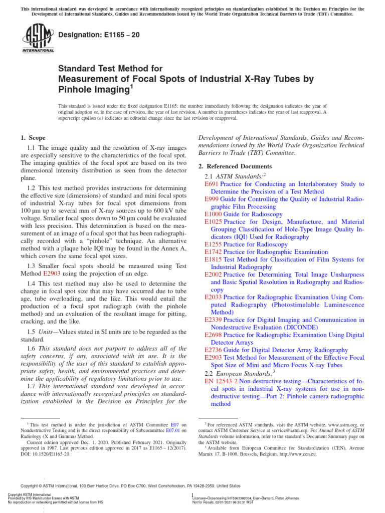 ASTM E 1165 2020 - Measurement of Focal Spots of Industrial X-Ray Tubes ...