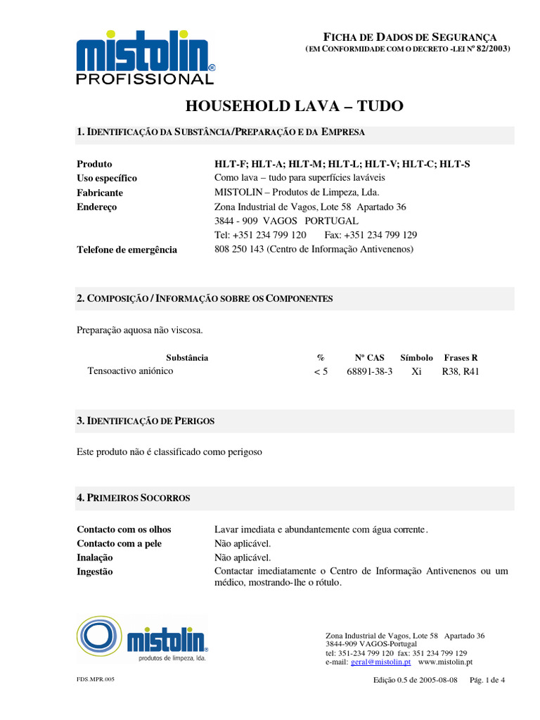 Ficha Técnica MISTOLIN | PDF | Embalagem e rotulagem