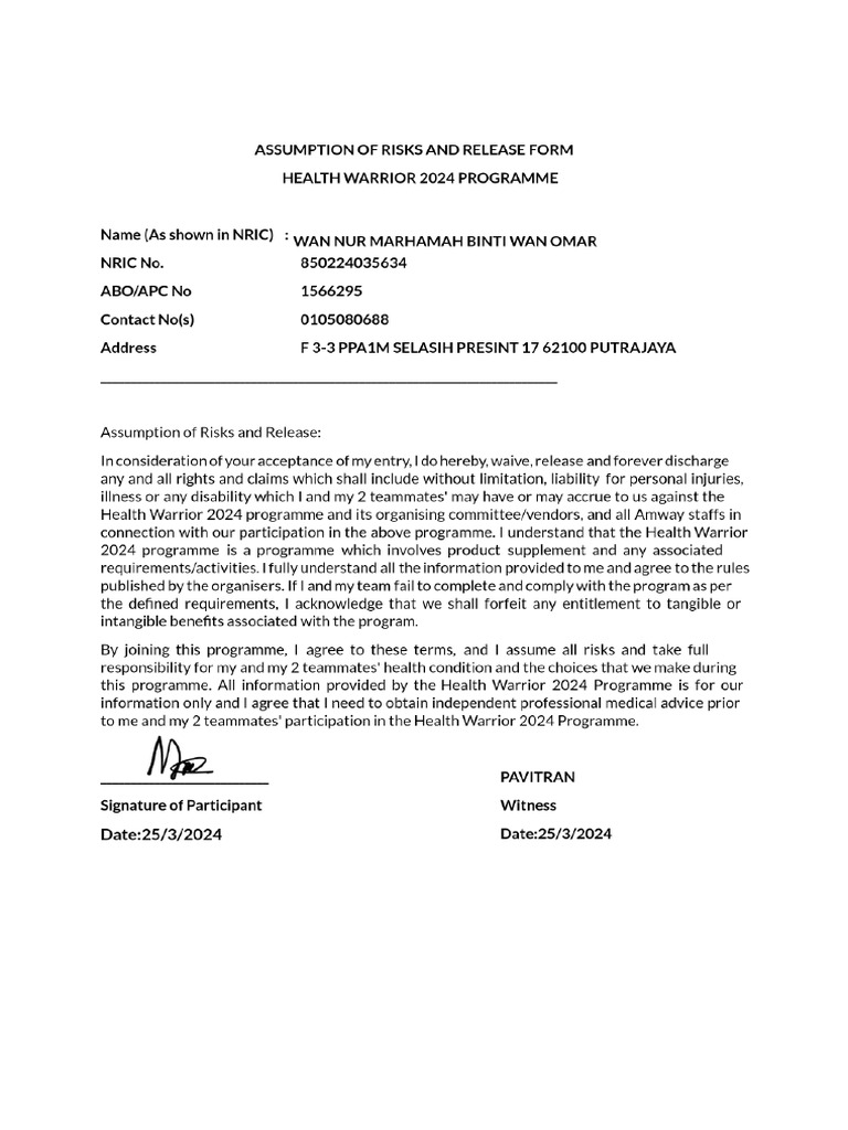 Assumption of Risks and Release Form Health Warrior 2024 .PDF 1 | PDF
