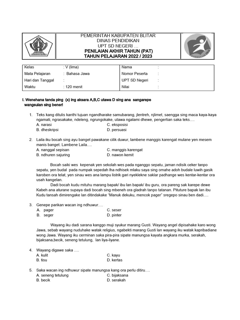 Naskah Soal - Kelas5 - Bahasa Jawa - Pat | PDF