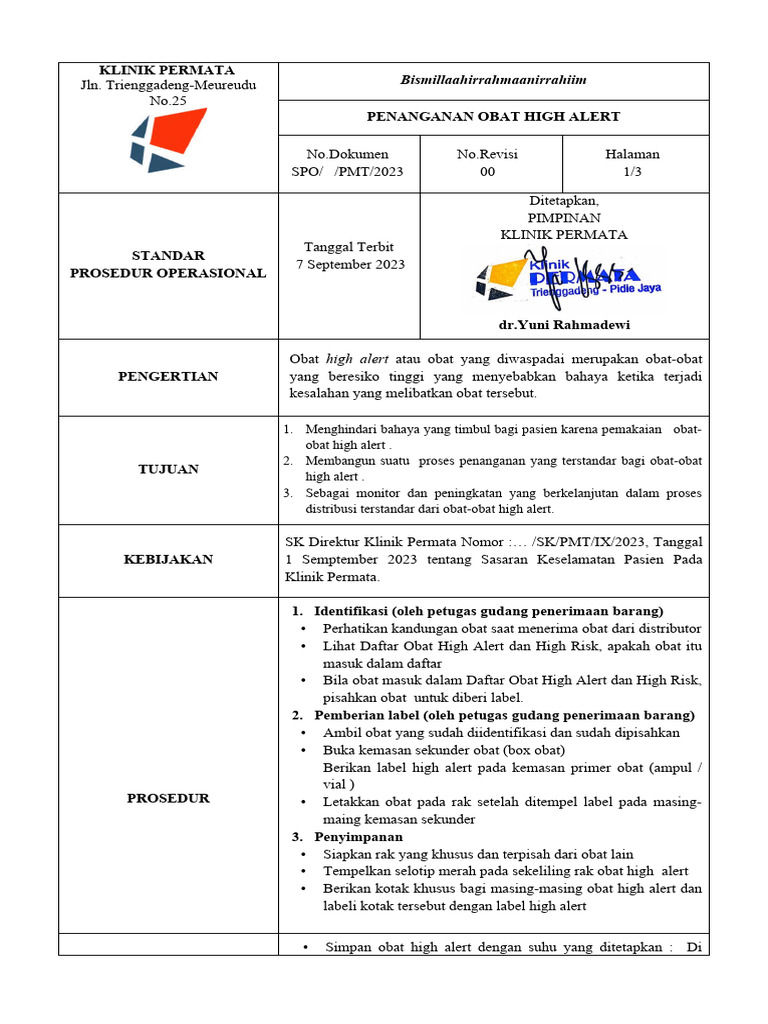 Sop Obat High Alert | PDF