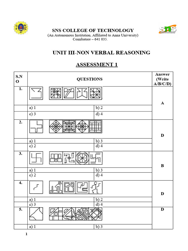 Unit 3-Non Verbal Reasoning Answer Key | PDF