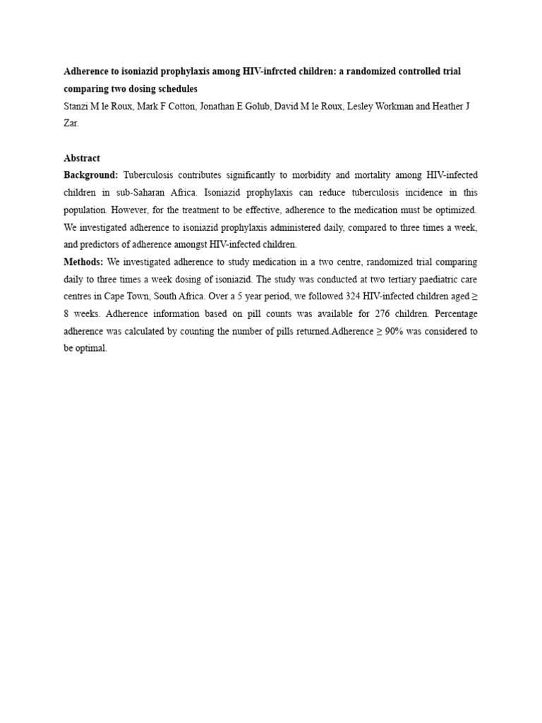 Isoniazid Adherence in HIV-Infected Kids | PDF